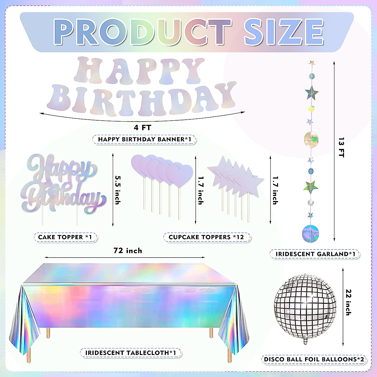 Iridescent Birthday Party Decoration Set 78Pcs, Disco Groovy 60s 70s Party Supplies Silver Party Decors include Disco Ball Banner Balloon Garland Arch Tablecloth Fringe Curtain Cake Topper Set