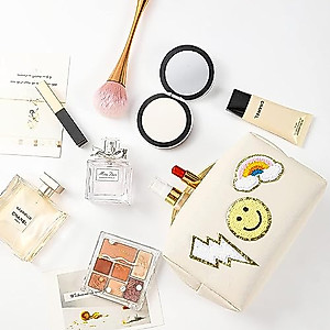 WALONER 2 Pack Preppy Patch Makeup Bag Leather Cosmetic Bag Makeup Pouch, Portable Waterproof Travel Toiletry Organizer,Toiletry Bag for Women Girls Gifts (White)