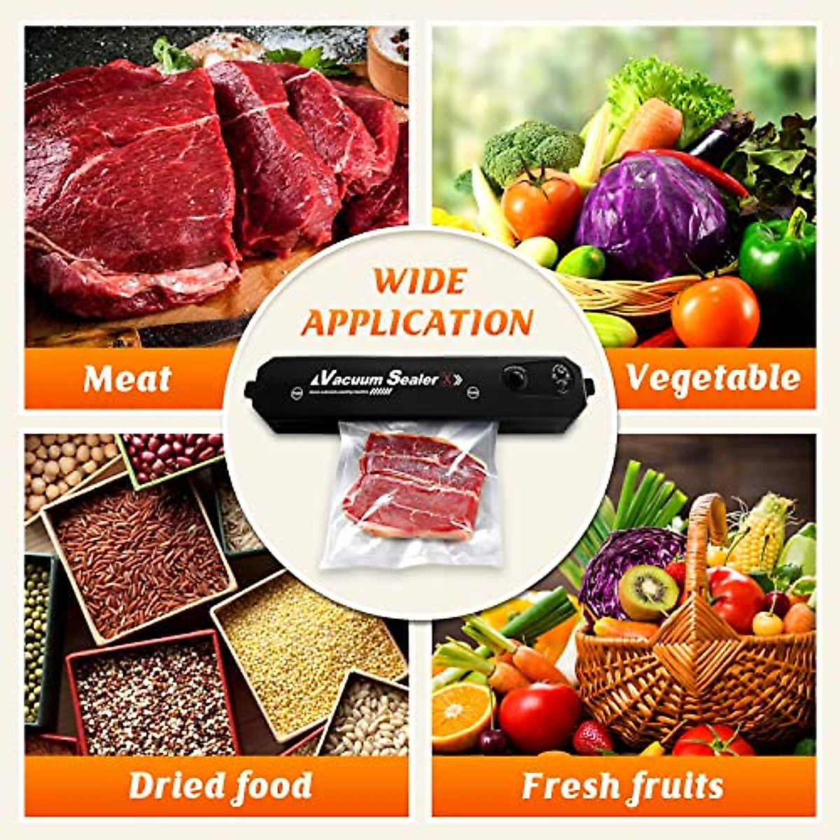 Vacuum Sealer Machine for Food Srorage, Automatic Food Sealer Dry Moist Air Sealing System, with 10 Food Vacuum Sealers Precut Bags (Black, 60kPa)