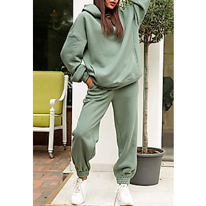 Linsery Sport Hoodie with Jogger Sweatpants Tracksuit Hooded 2 Piece Workout Set Sweatshirt Matching Jogging Suit Green L