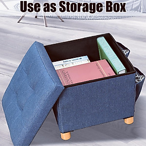 Wamnexti Denim Storage Ottoman Cube with Side Pouch, Foldable Tufted Denim Foot Rest Stool/Seat with Legs, Coffee Table Multipurpose Sofa for Living Room, Bedroom (Navy, 15'')