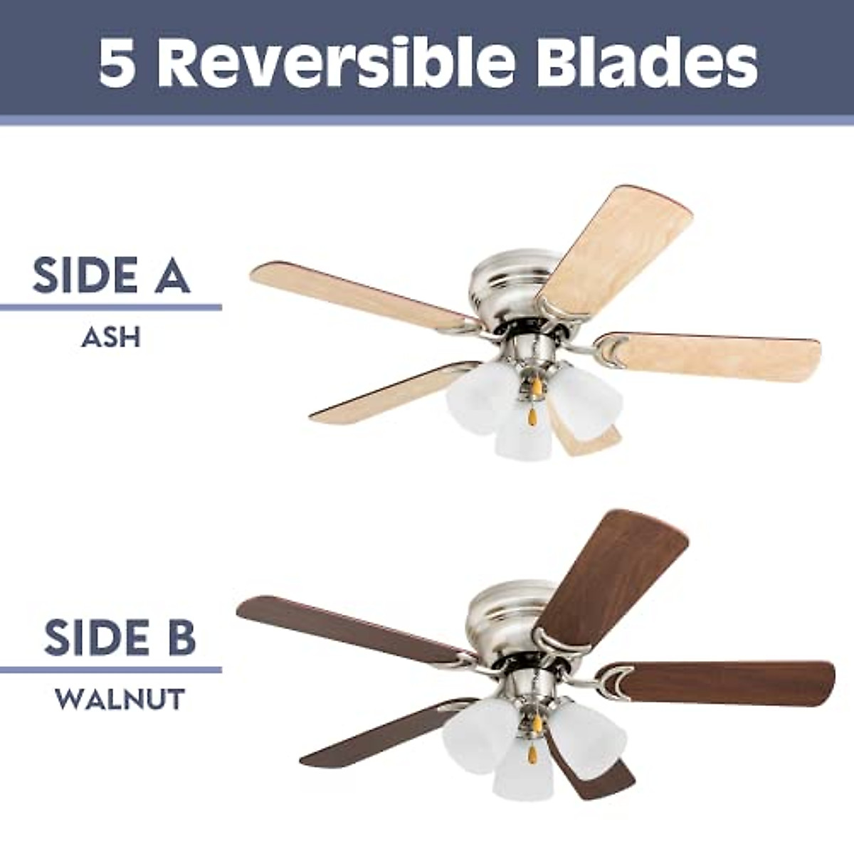 Prominence Home Whitley, 42 Inch Traditional Flush Mount Indoor LED Ceiling Fan with Light, Pull Chain, 5 Dual Finish Blades, Reversible Motor - 50863-01 (Satin Nickel), Bright Brass