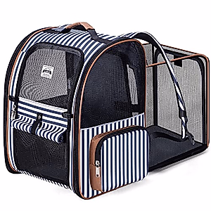 Lekebobor Large Cat Backpack Carrier Expandable Pet Carrier Backpack for Small Dogs Medium Cats Fit Up to 18 Lbs, Dog Carrier Backpack,Puppy Backpack Carrier, Blue Striped