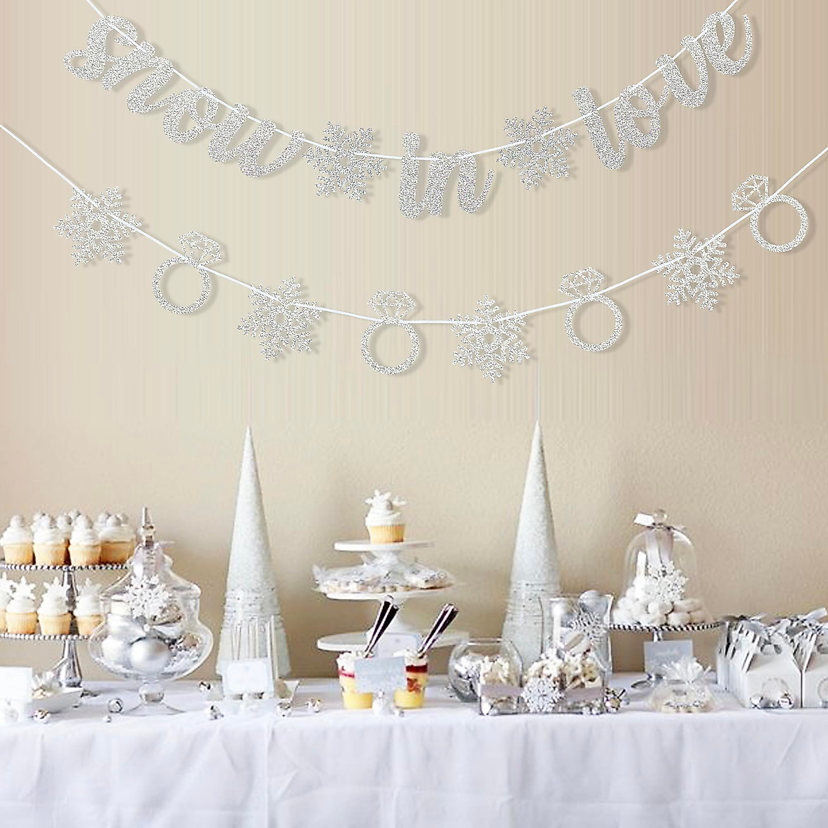 VILIFEVER 2 Pieces Snow in Love Banner Winter Bridal Shower Decorations, Glitter Silver Snowflake Ring Garland for Winter Snow Theme Wedding Engagement Party Decorations