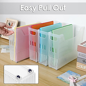 BTSKY 4 Pack Scrapbook Paper Storage Box with Wheels, Plastic Storage Organizer for 12" x 12" Scrapbook Papers, Portable File Organizer with Built-in Handle, Functional Magazine Holder Paper Rack