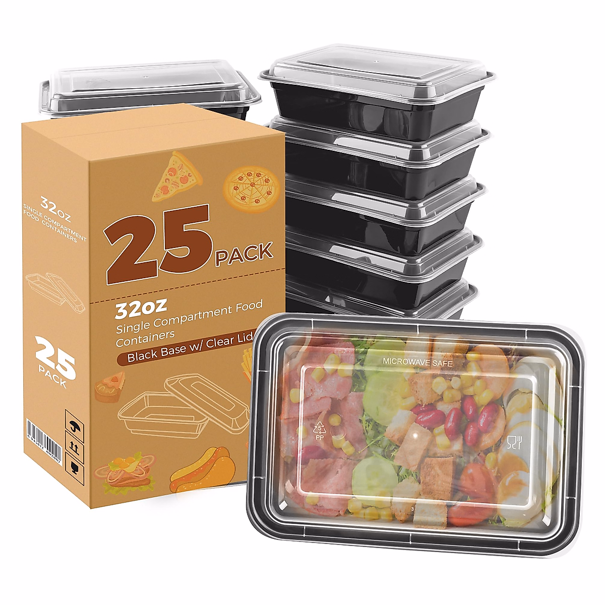 Golden State Art, 25 Pack 32 Oz Meal Prep Container, 1-Compartment Lunch Bento Box with Lid, BPA Free, Freezer, Microwave, Dishwasher Safe, Reusable