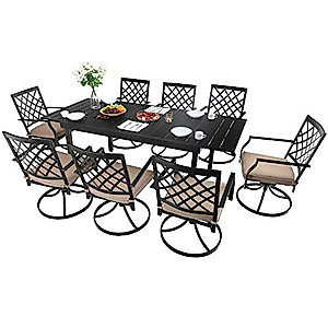 MFSTUDIO 9PCS Outdoor Patio Dining Set, 8 Armrest Stackable Swivel Chairs, 1 Rectangular Expandable Table, Porch Lawn Backyard Garden Furniture Sets