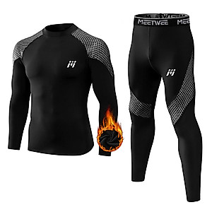 MEETWEE Thermal Underwear for Men, Fleece Lined Base Layer Set Cold Weather Ski Gear Top & Long Johns for Skiing Motorcycle Black