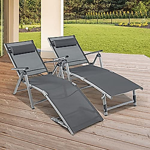 Giantex Outdoor Chaise Lounge Chair - Folding Lounge Chair w/ 8-Level Adjustable Backrests, Aluminum Frame, Cozy Headrest Pillow, Patio Recliner for Backyard Poolside Balcony (1, Gray)