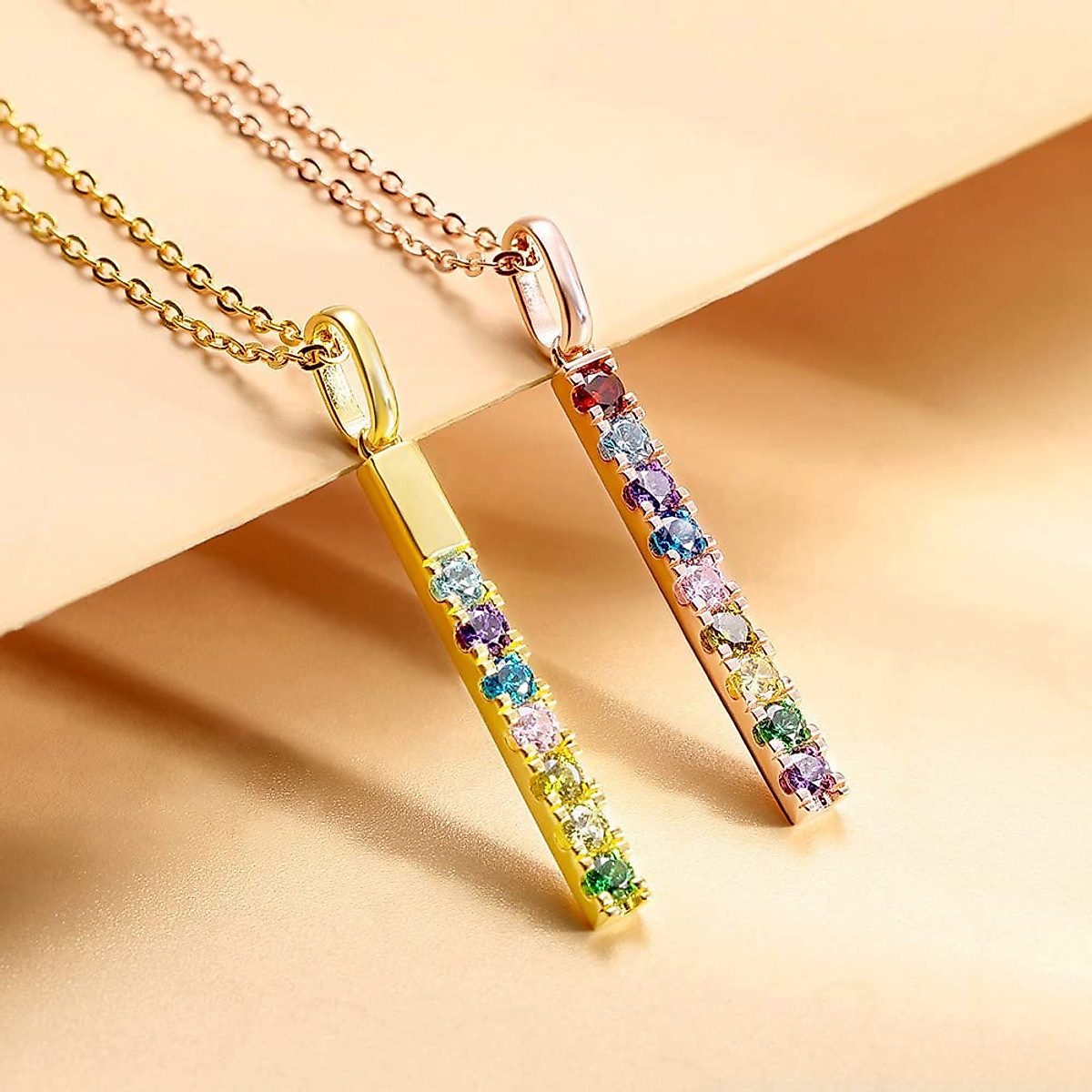AILIN 925 Sterling Silver Custom 3D Vertical Bar Necklace Personalized Back Engraved Necklace With Any Name 1-9 Birthstones Pendant Necklace For Family Mother Grandmother