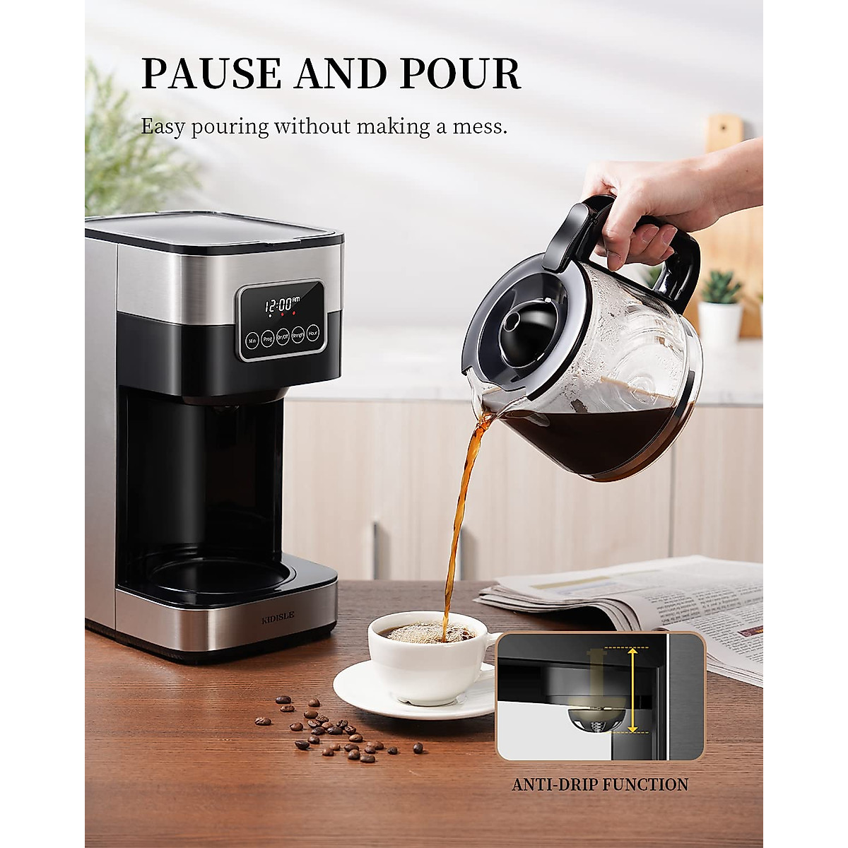 KIDISLE Programmable Drip Coffee Maker with Regular & Strong Brew, Warming Plate, 10 Cup Small Coffee Machine with Touch Screen, Glass Carafe and Reusable Filter for Home and Office, Stainless Steel