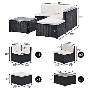 VOGU 5-Piece Outdoor Patio Dining Set Furniture Set, PE Wicker Rattan Sectional Corner Sofa Set Furniture Set with Ottoman/Glass Coffee Table Lying Chair (Black Wicker + Beige Cushion 05)