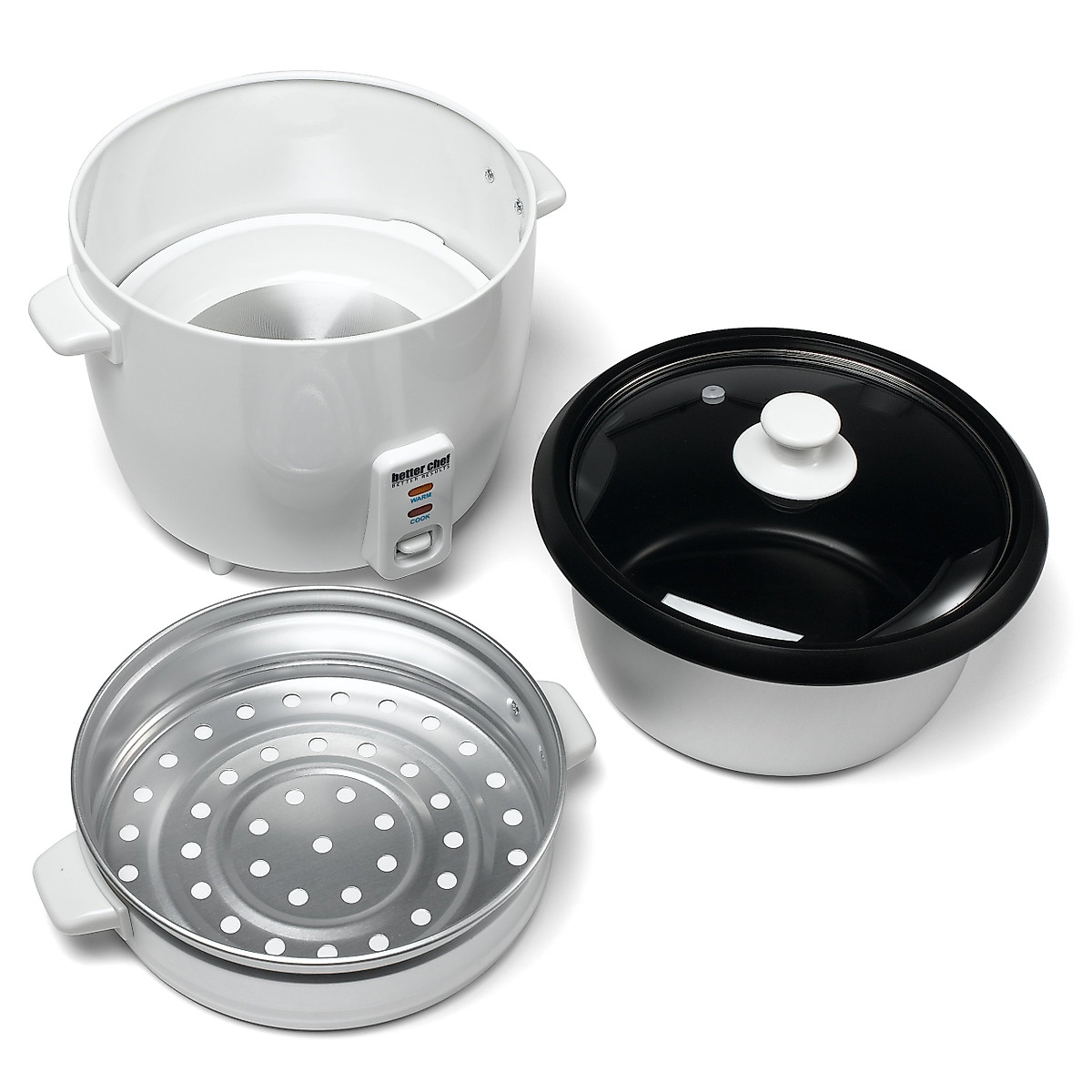 Better Chef Basic Rice Cooker with Food Steamer | Glass Lid | Non-Stick | Cool-Touch | Paddle and Cup Included (20-CUP, White)