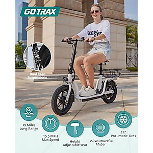 Gotrax Astro Electric Scooter with Seat, 14" Pneumatic Tire and 19 Miles Range&15.5Mph Power by 350W Motor, Comfortable Rear Dual Shock Absorption&Wider Seat, EBike with Carry Basket for Adult White