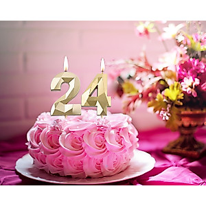 2 inch Gold 24 Birthday Candles, 3D Diamond Number 24th Cake Topper for Boys Girls Birthday Party Decorations Theme Party