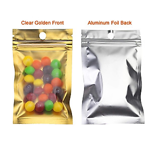 Luckkyme 150 Pack Mylar Zip Lock Bags Aluminum Foil Bags Durable Double-Sided Metallic Foil Mylar Flat Mini Ziplock Bag 7.5 x 12 cm/ 3 x 4.7 Inch (Gold)