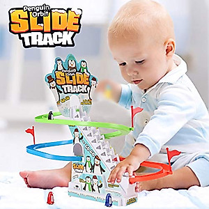 Liberty Imports Musical Penguin Orbit Chasing Race Track Game Set - Playful Roller Coaster Playset with LED Flashing Lights and Music On/Off Button for Toddlers and Kids