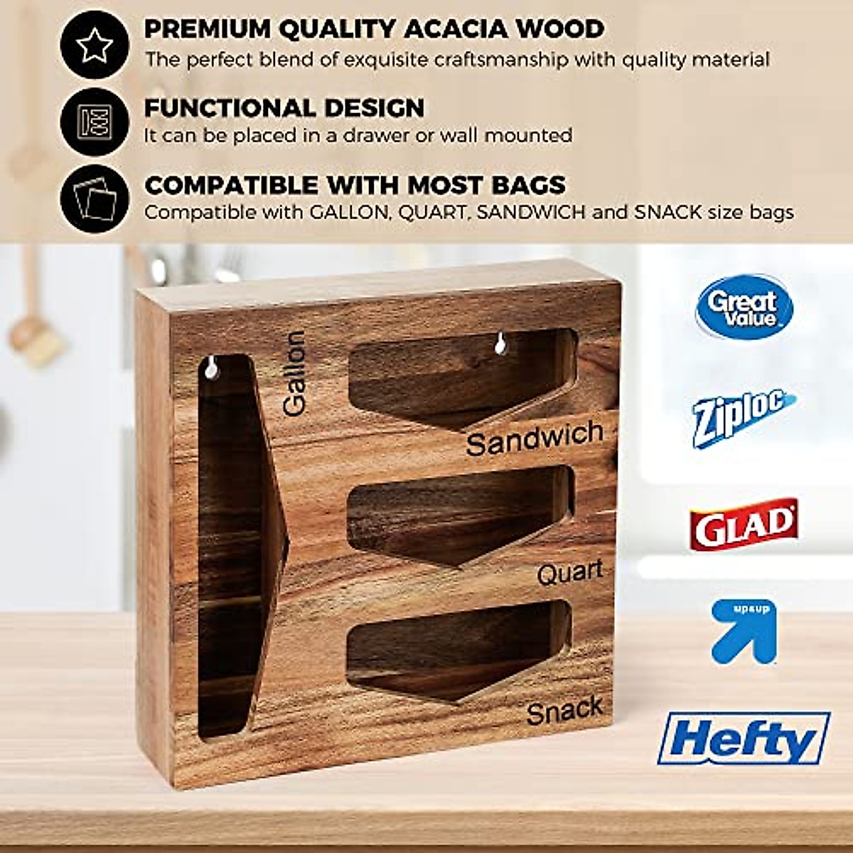 HilarityMax Ziplock Storage Bag Organizer , Premium Acacia Food Bag Organizer for Snack, Sandwich, Quart, and Gallon Size bags, Kitchen Drawer or Wall-Mounted Boxes, 12x12x3 inch