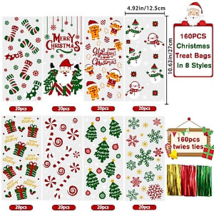 YUJUN 160 PCS Christmas Cellophane Treat Bags,Santa Claus Goodie Candy Xmas Clear Cello Bags Twist Ties for Winter Christmas Theme Party Favor Supplies(8 Styles)