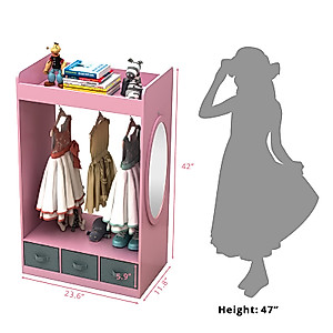 Guangshuohui Costume Organizer,Costume Rack, Dress up Storage with Mirror and Storage Bin,Open Hanging Play Armoire Dresser with Mirror,Pretend Storage Closet for,Costume Storage Dresser-Pink