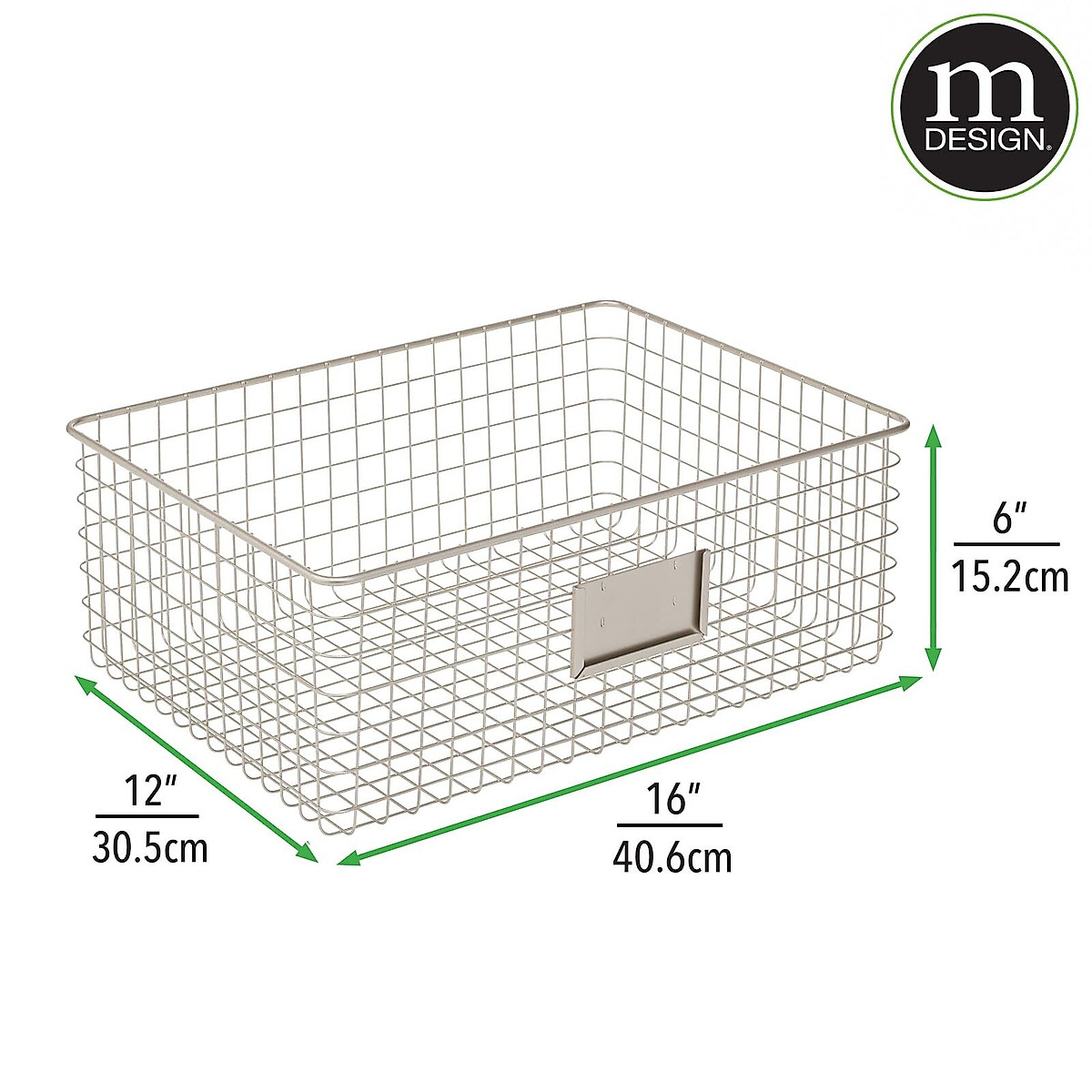 mDesign Wide Steel Wired Storage Organizer Bin Baskets with Label Slot for Kitchen Pantry, Cabinet, Organizing Holder for Food, Drinks, Snacks, Produce, Omaha Collection, 2 Pack, Satin