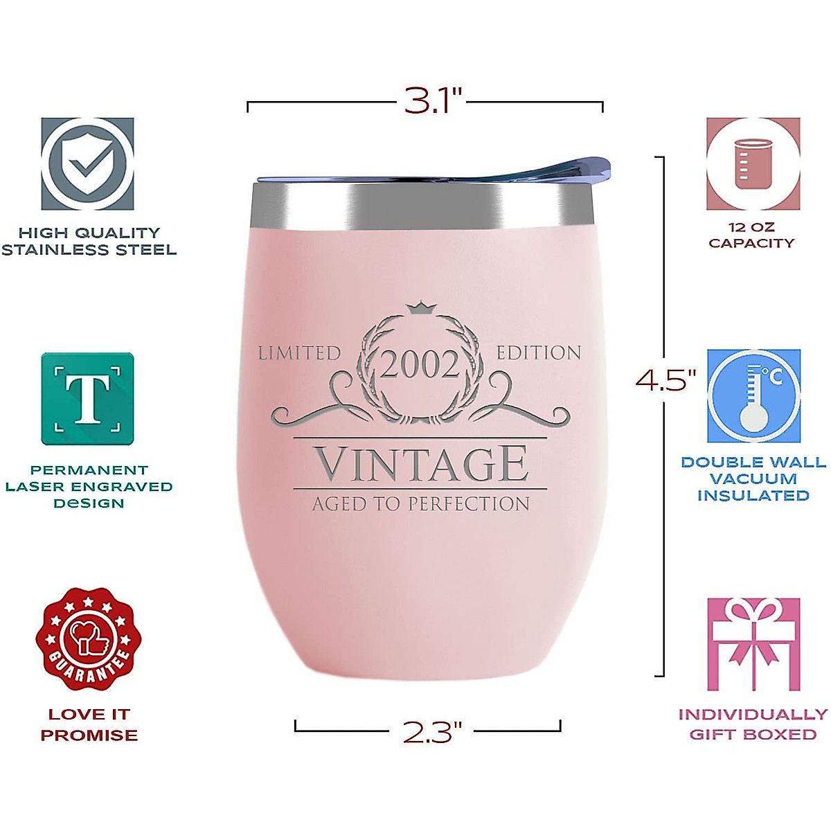 21 Year Old Birthday Gifts for Her - 2002 12 oz Blush Stemless Wine Tumbler - 21 Birthday Gifts for Her Him - 21st Birthday Gifts for Her - 21st Birthday Decorations for Her - 21 Glasses Birthday
