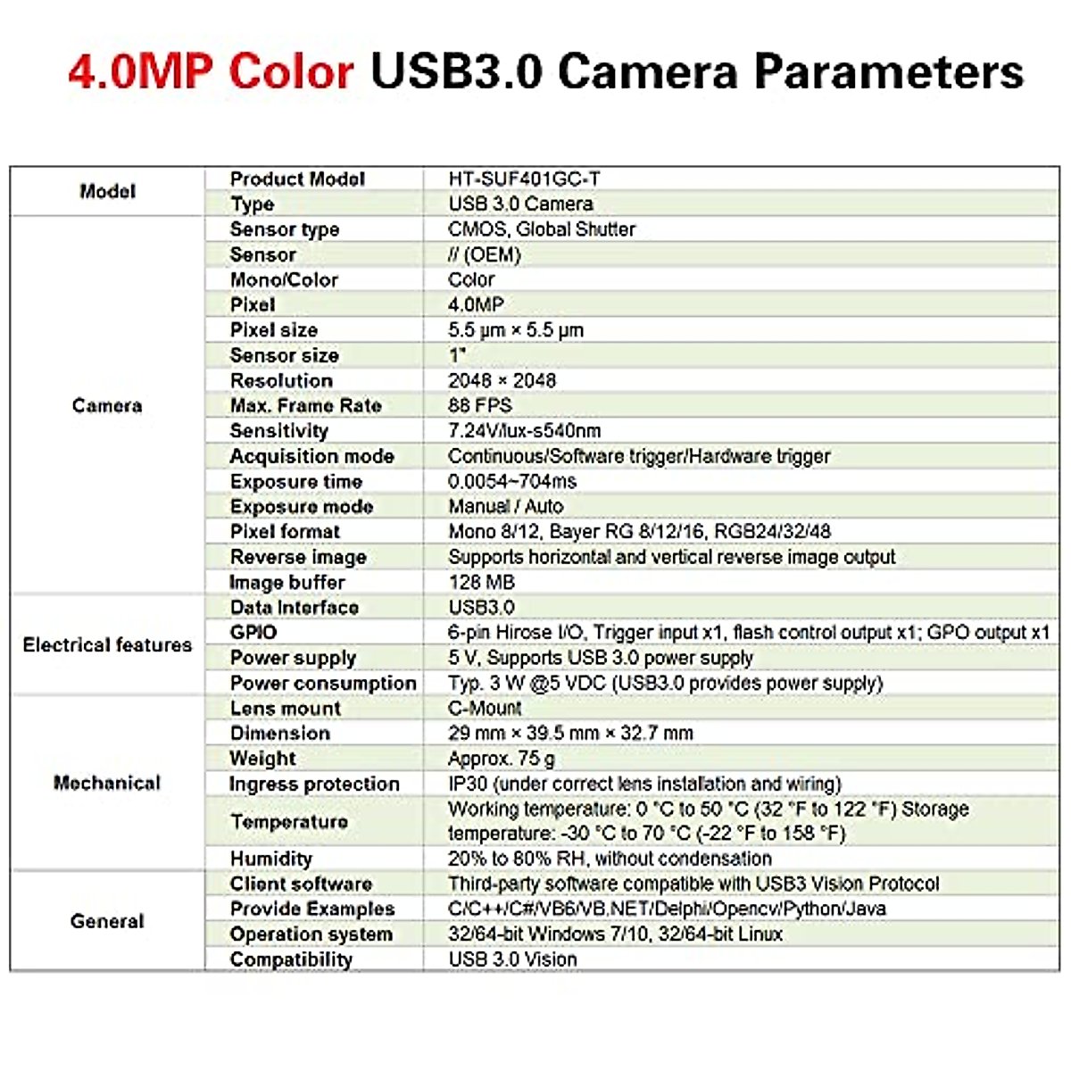 HTENG VISHI High Speed USB3.0 Color 4.0MP 1" Industrial Camera Machine Vision Global Shutter C-Mouth OpenCV Python SDK Area Scan Camera 2048X2048 88FPS Indoor