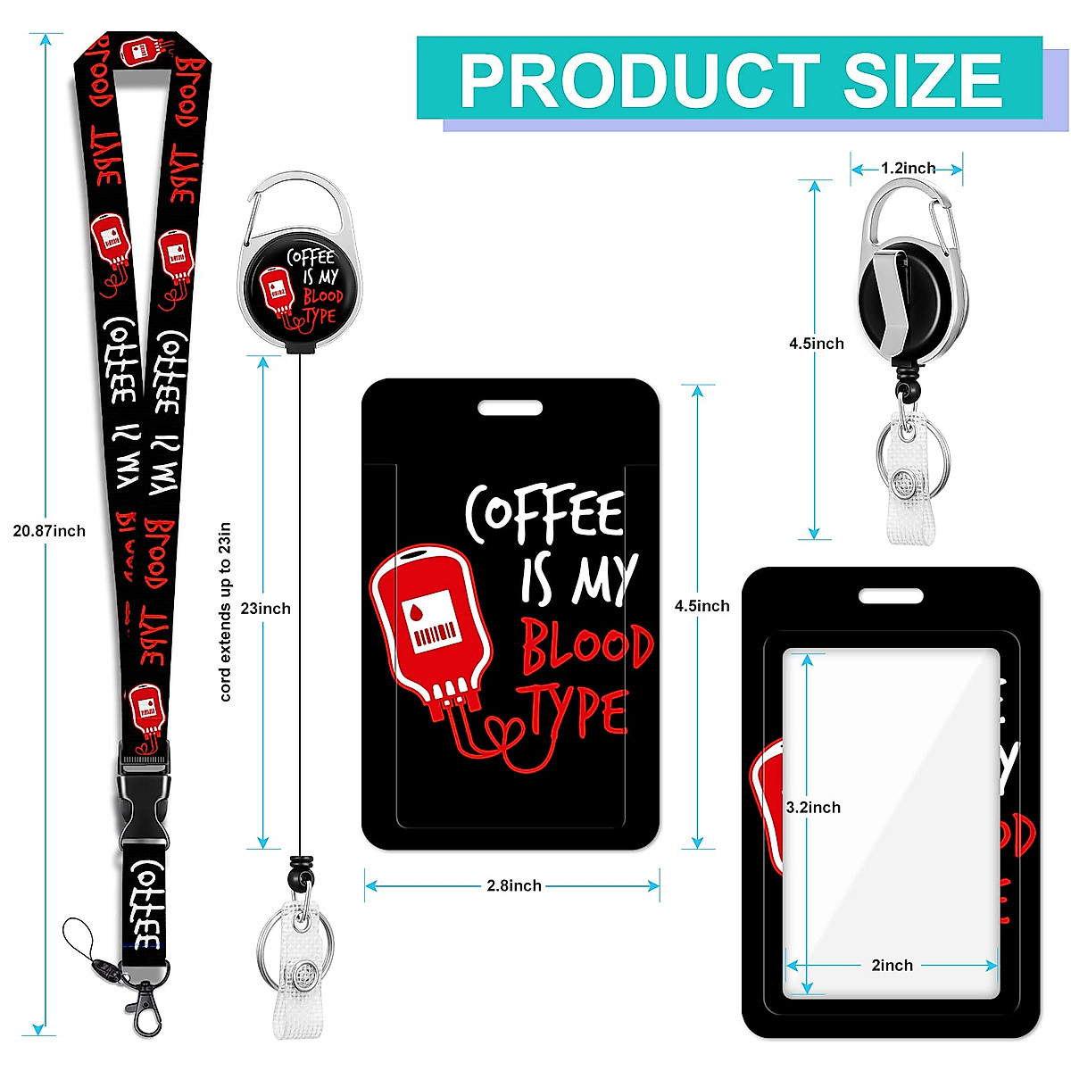 Plifal ID Badge Holder with Lanyard and Retractable Nurse Badge Reel Belt Clip, Phlebotomy Phlebotomist Nursing Medical Keychain Lanyards Clip for Women Men(Coffee is My Blood Type)