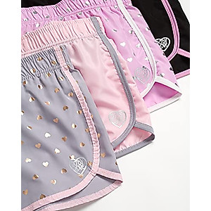 Body Glove Girls Shorts 4 Pack Athletic Performance Dry Fit Dolphin Gym Shorts, Scrunchie (7-12), Size 12, GreyPurple HeartBlackPink