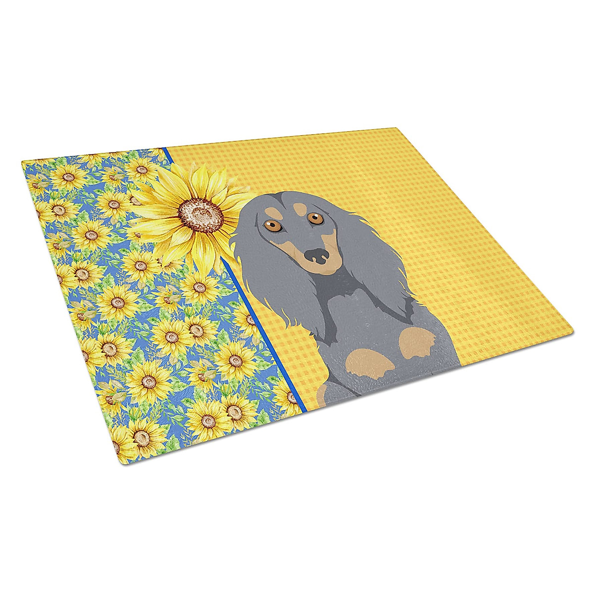 Caroline's Treasures WDK5391LCB Summer Sunflowers Longhair Blue and Tan Dachshund Glass Cutting Board Large Decorative Tempered Glass Kitchen Cutting and Serving Board Large Size Chopping Board