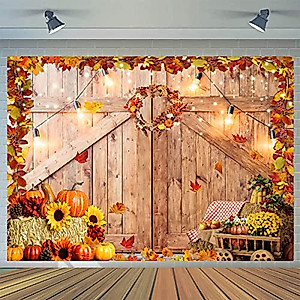 CYLYH 7x5FT Fall Thanksgiving Backdrop Autumn Pumpkin Harvest Barn Door Background Thanksgiving Banner Decoration Fall Rustic Farm Door Photography Backdrop CY582