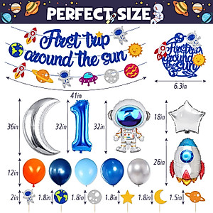 59 PCS First Trip Around The Sun Birthday Decoration First Outer Space Birthday Banner One Year Old Cake Topper Balloon Astronaut Universe Star Plant Rocket Solar System Theme Party Supplies
