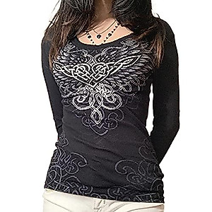 Women Vintage Floral Print Crop Top Long Sleeve Y2k Tshirt Slim Fit Blouse Tee 90s E-Girl Streetwear（B Wings ，S）