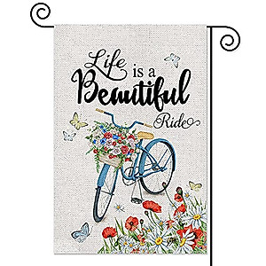 AGMdesign Life is a Beautiful Ride Garden Flag, Bicycle Ride Decorative Spring Summer Floral Garden Flag, Double Sided Waterproof Burlap Yard Flag Seasonal Summer Outdoor Decoration 12.5 x 18 Inch