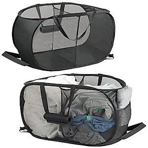 Collapsible Mesh Laundry Basket 2 Pack Pop Up Laundry Basket Mesh Foldable Laundry Basket with Soft Comfortable Handle Pad, Folding Laundry Basket Strong Durable and Excellent Breathability, Black