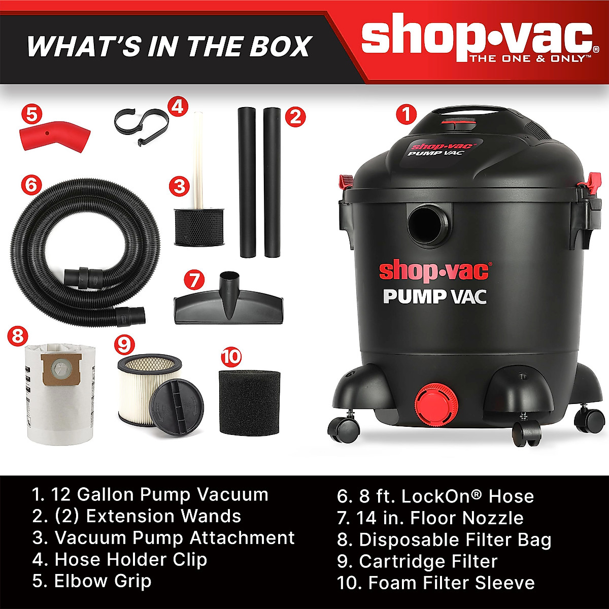 Shop-Vac 5871205 12 Gallon Wet Dry Pump Vacuum with Built-in Water Pump, 5.0 Peak HP, 2.5 Inch Diameter x 8 Ft Hose, 12 Ft Cord, Black