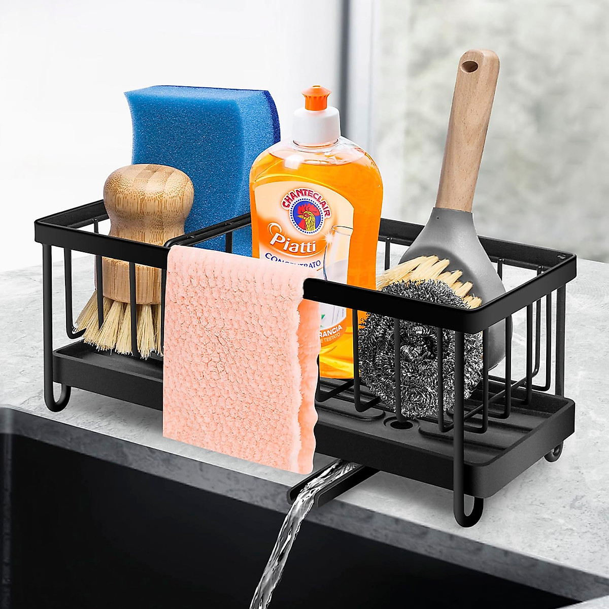 KSEV Sink Caddy with Adjustable Auto Spout Drain Pan, (Stainless Steel Rustproof) Kitchen Countertop Sink Organizer Rack Storage Holder with Divider for Countertop Sponge Soap Brush Dispenser (Black)