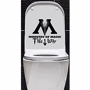 MINISTRY OF MAGIC THIS WAY Decal Die Cut Vinyl Funny Humor Quote, | FREE SWITCH DECAL | , Black, 7.5 Inches Bathroom Toilet Seat Sticker.
