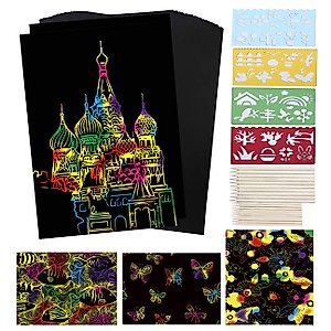 LUREME Scratch Art Set, 50Pcs Rainbow Magic Scratch Paper Set Black Scratch Off Art Crafts Notes Boards Sheet with 5 Wooden Stylus 4 Drawing Stencils for Easter Party (ME000009)