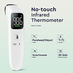 (Upgrade) No-Touch Thermometer for Adults and Kids - Digital Forehead Thermometer with High Accuracy, Ultra Clear LED Screen and Fever Alarm-White
