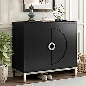 Knocbel Storage Cabinet with Solid Wood Veneer and Metal Leg, Accent Console Side Table with Adjustable Shelves Circular Door and Handles for Living Room, Entryway, 34" W x 15.5" D x 31.9" H, Black