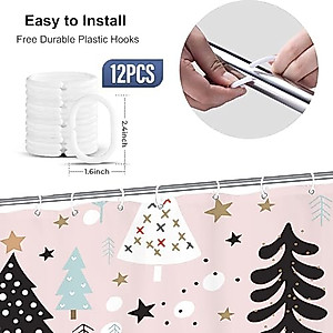 Yookeb Christmas Tree Cute Girls Bathroom Shower Curtain 60W by 71H Inch Pink Girls Xmas Pine Winter Seasonal Abstract Star Accessory Polyester Fabric 12 Plastic Hooks Waterproof Decor