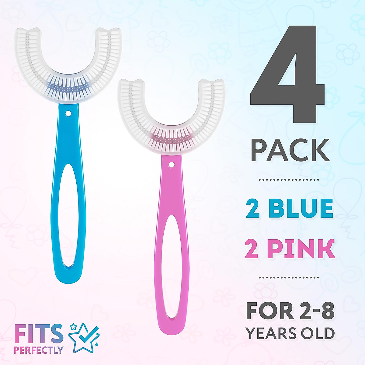 PUREVACY Kids U Shaped Toothbrush for 2-8 Years Old, 4 Pack Blue Food-Grade Silicon All Around U Shape Toothbrush, Funny Full Mouth Toothbrush for Kids with Soft Bristles and Ergonomic Handle