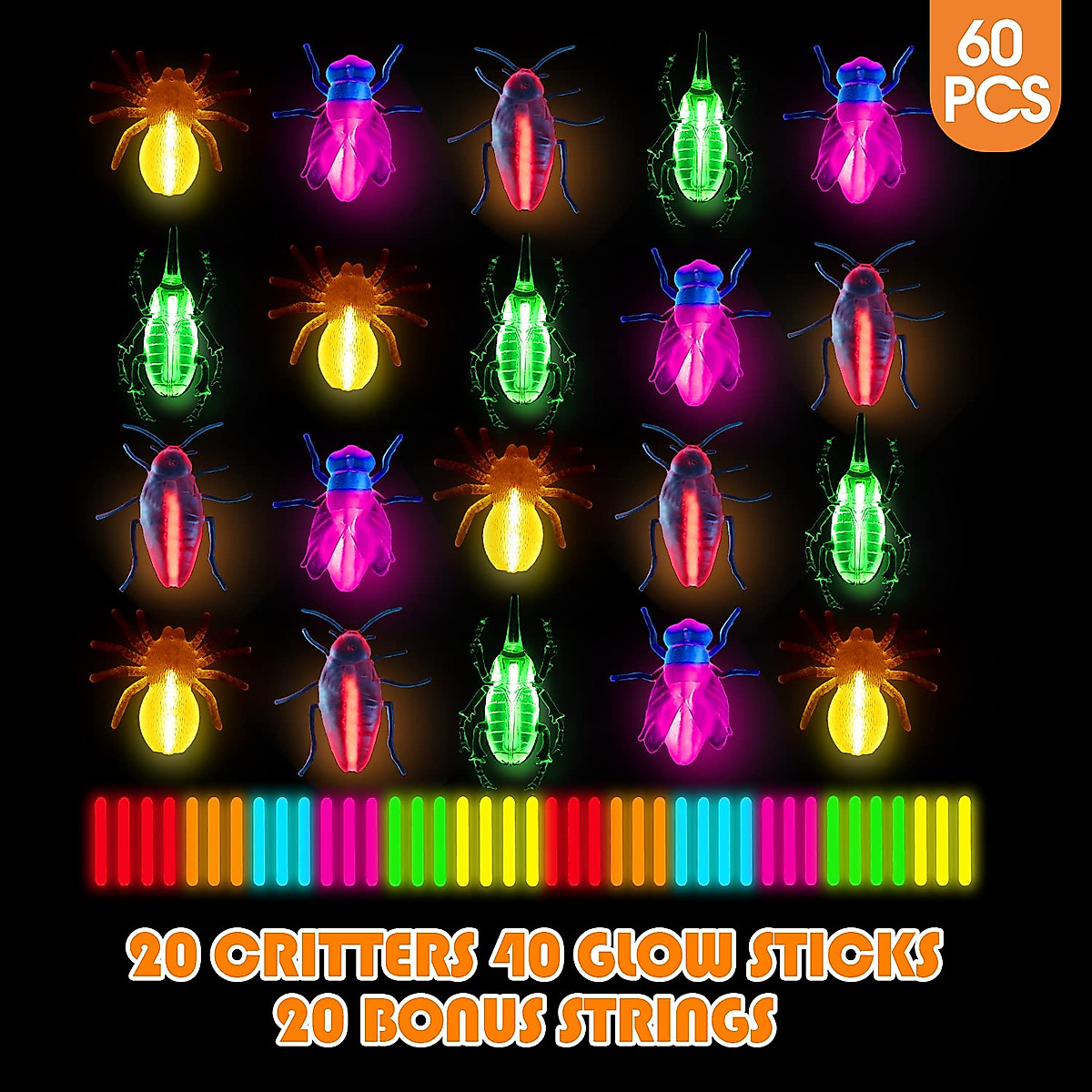 Glow Critters for Halloween Party Favor, Glow in The Dark Toys Set for Kids, School Classroom Game Rewards, Trick or Treating Goodie Supplies, Halloween Miniatures/Prizes,20 Critters 40 Glow Sticks