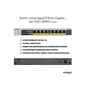 NETGEAR 8-Port Gigabit Ethernet PoE Network Switch, Hub, Internet Splitter (GS108LP) - with 8 x PoE+ @ 60W Upgradeable, Desktop/Rackmount, and ProSAFE Lifetime Protection
