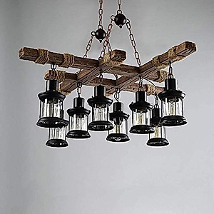 8 Lights Industrial Wooden Hanging Lighting Black Metal Chandelier Farmhouse Vintage Pendant Lamp Glass Lampshade for Pool Table Kitchen Island Bar Retro Ceiling Light Height Adjustable Fixture