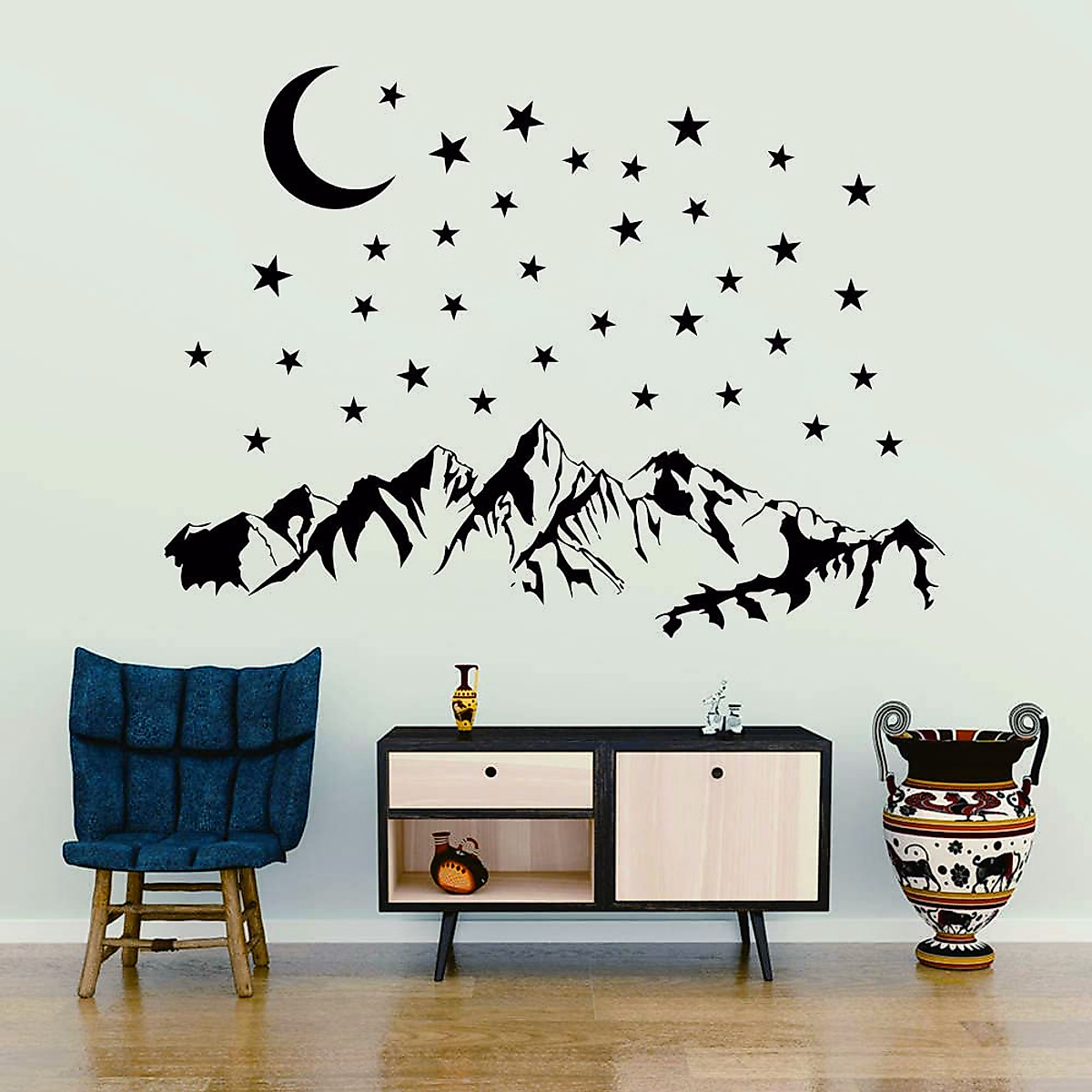 ANFRJJI Mystery Mountain Decal Hill Silhouette Art Vinyl Wall Sticker with Cute Moon and Stars Wall Art Murals for Living Room and Bedroom Effect Size : 45"x32"inch (Black-jwh316-Mountain)