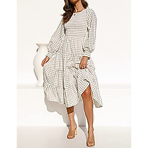 ZESICA Women's Casual Plaid Crew Neck Long Puff Sleeve Elastic Waist Smocked Flowy Tiered Midi Dress,Beige,Medium