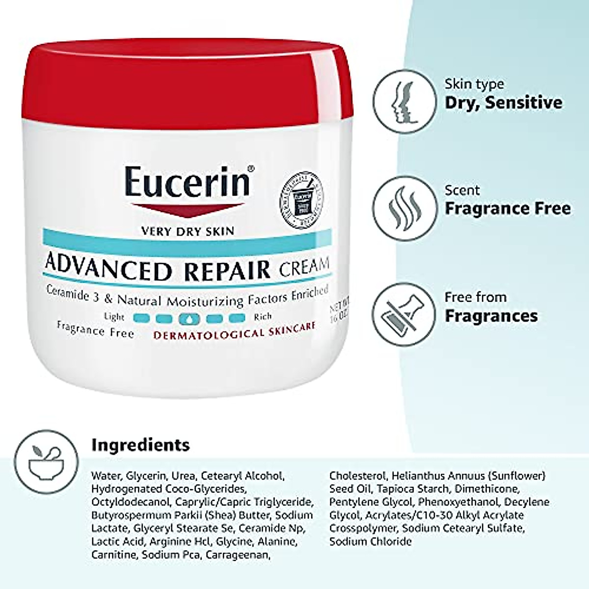 Eucerin Advanced Repair Body Cream, Fragrance Free Body Cream for Dry Skin, 16 Oz Jar