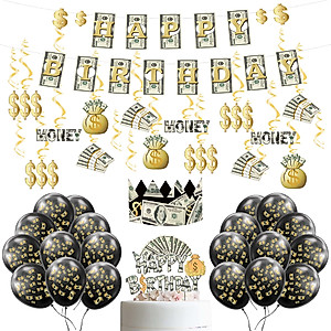 Money Themed Decoration KIT Bill Dollar Signs Birthday Banner Money Cake Topper Balloons Hanging Swirls Crown Set for Birthday Casino Wedding Showers Retirement Anniversary Graduations Party